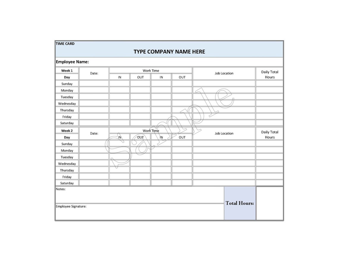 Time Card | Partially Editable Contractor Time Card | Printable Time ...