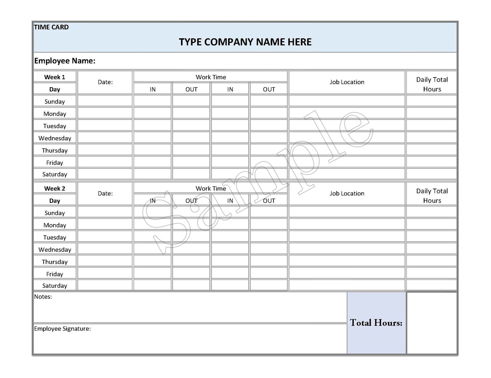 Time Card | Partially Editable Contractor Time Card | Printable Time ...
