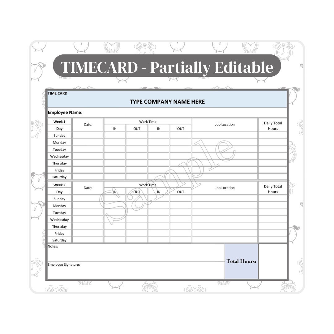 Time Card | Partially Editable Contractor Time Card | Printable Time ...