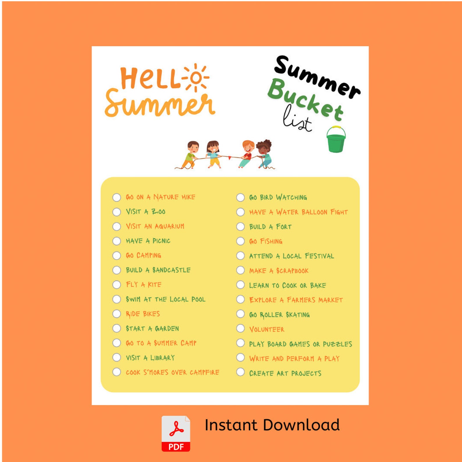 Kids Summer Bucket List Printable Summer Break Activities Instant ...