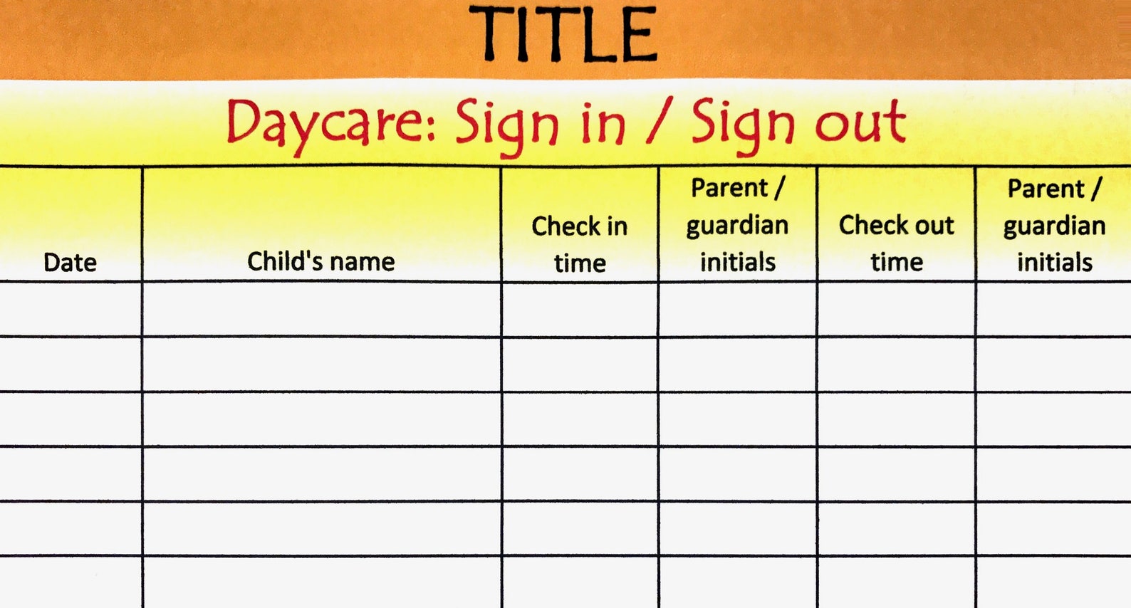 Daycare | Sign in & Out Form | Excel File | Editable Title | Instant ...