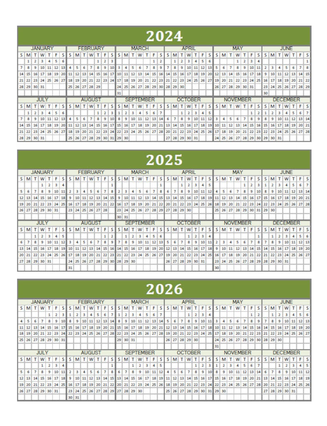 Three Year Calendar | 2024/2025/2026 Calendar | Instant Download | Desk ...
