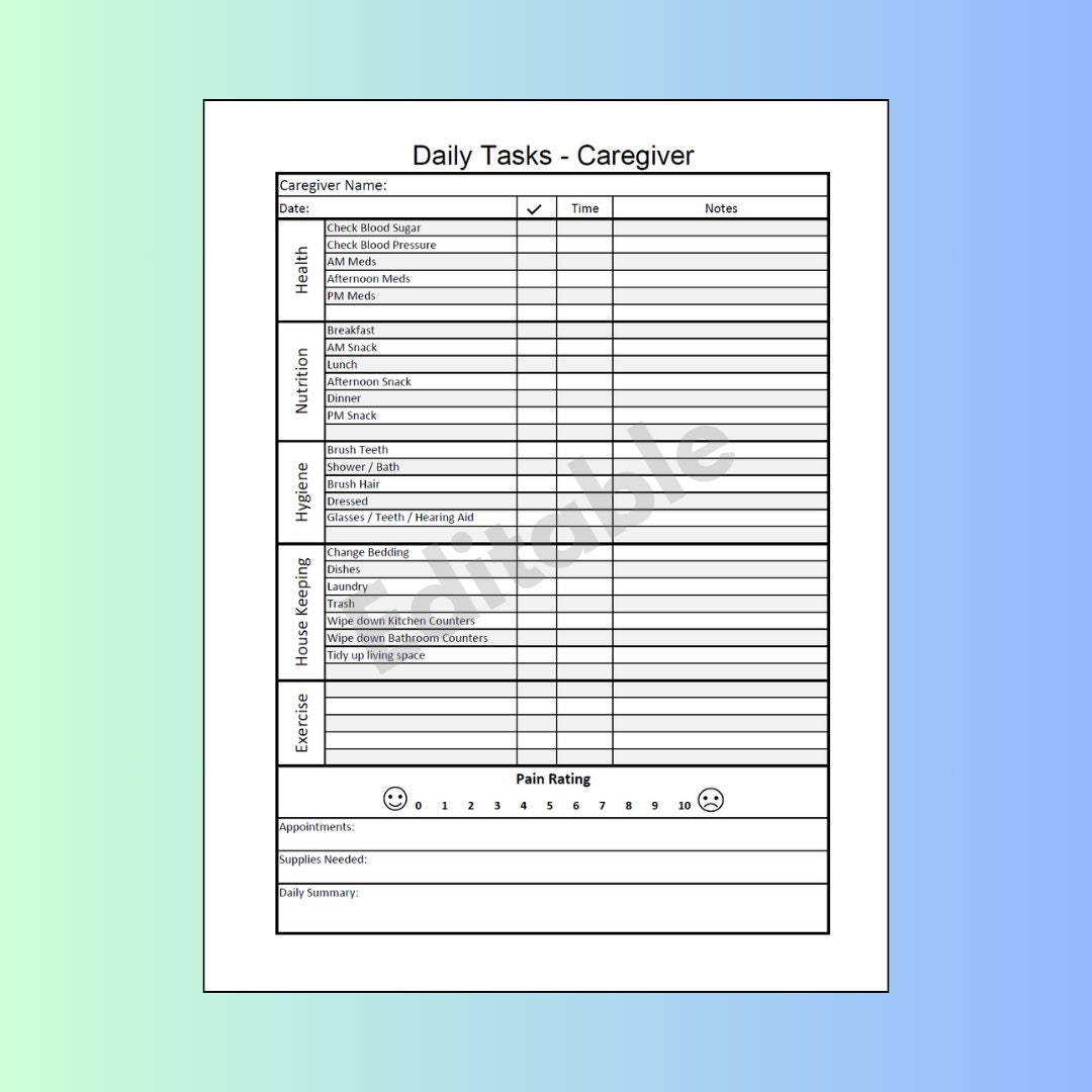 Caregivers Daily Tasks Form Editable Excel Document Instant Download ...