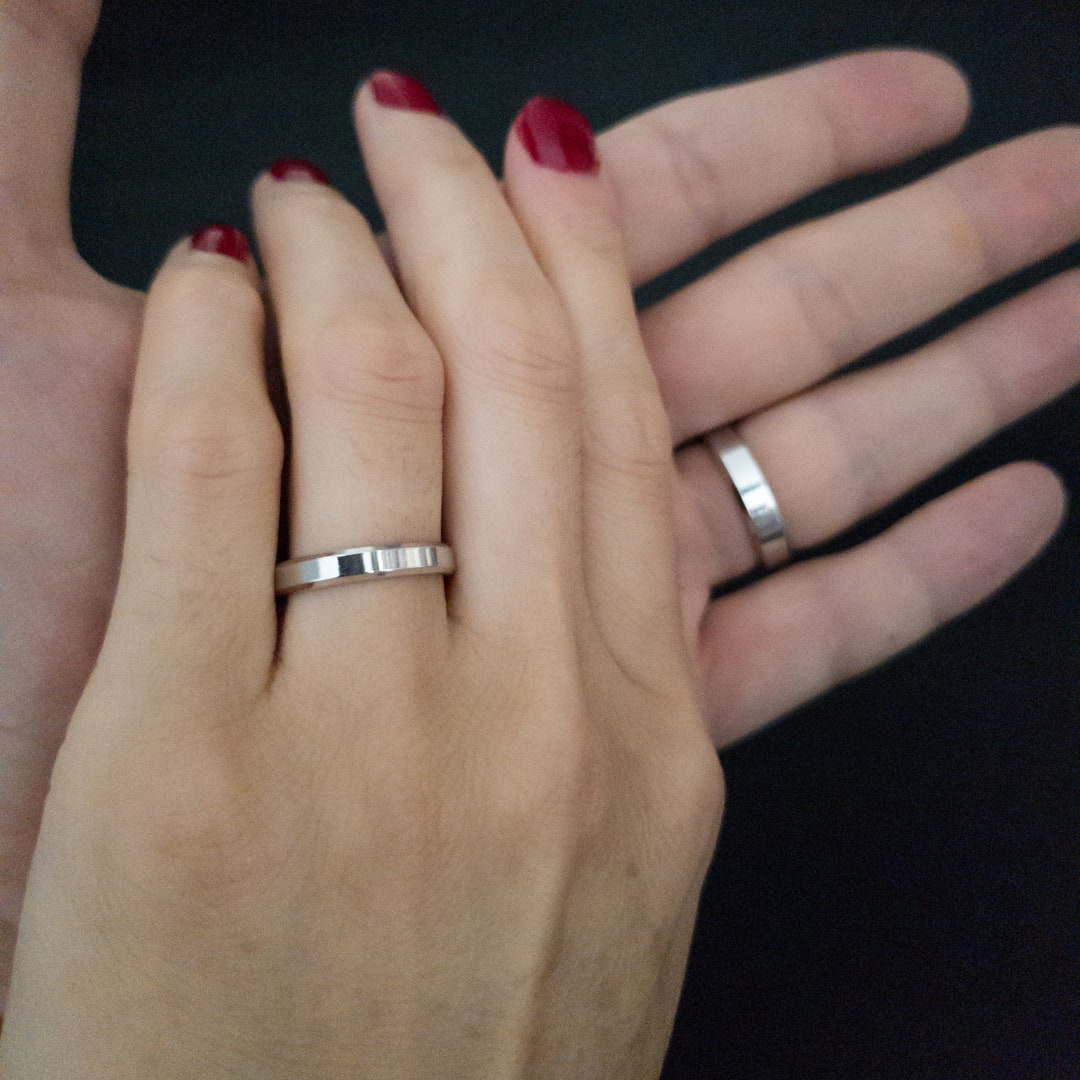 His and Her Matching Silver Wedding Bands, Custom Couple Name Rings ...