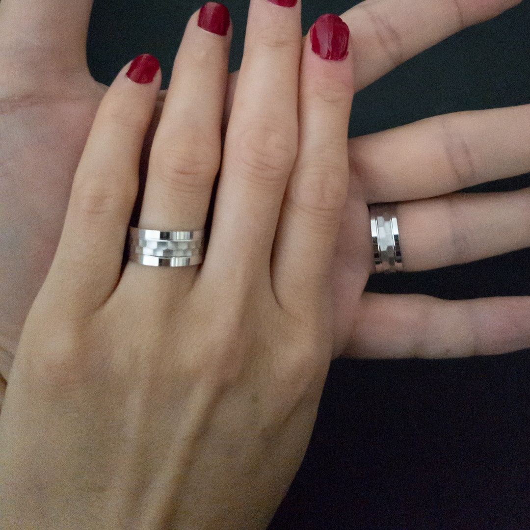His and Her Matching Silver Wedding Bands, Custom Couple Name Rings ...