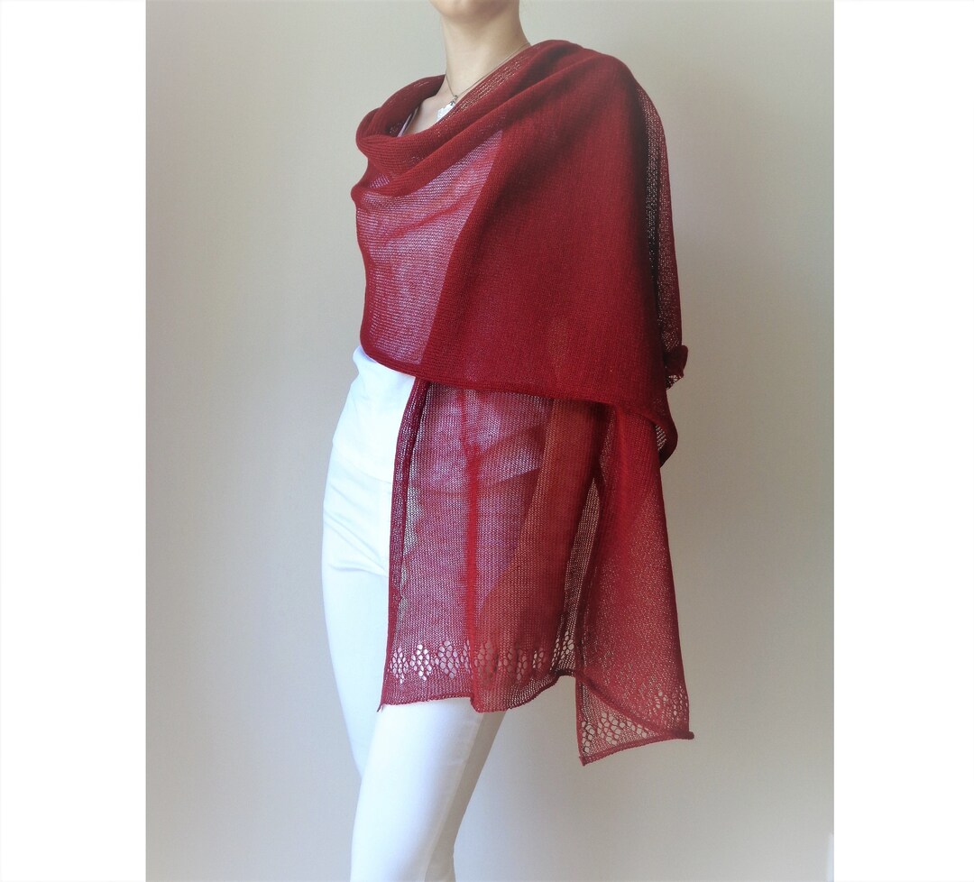 Knit Linen Shawl: Dark Red Bridal Wrap, Woman's Summer Scarf - Etsy