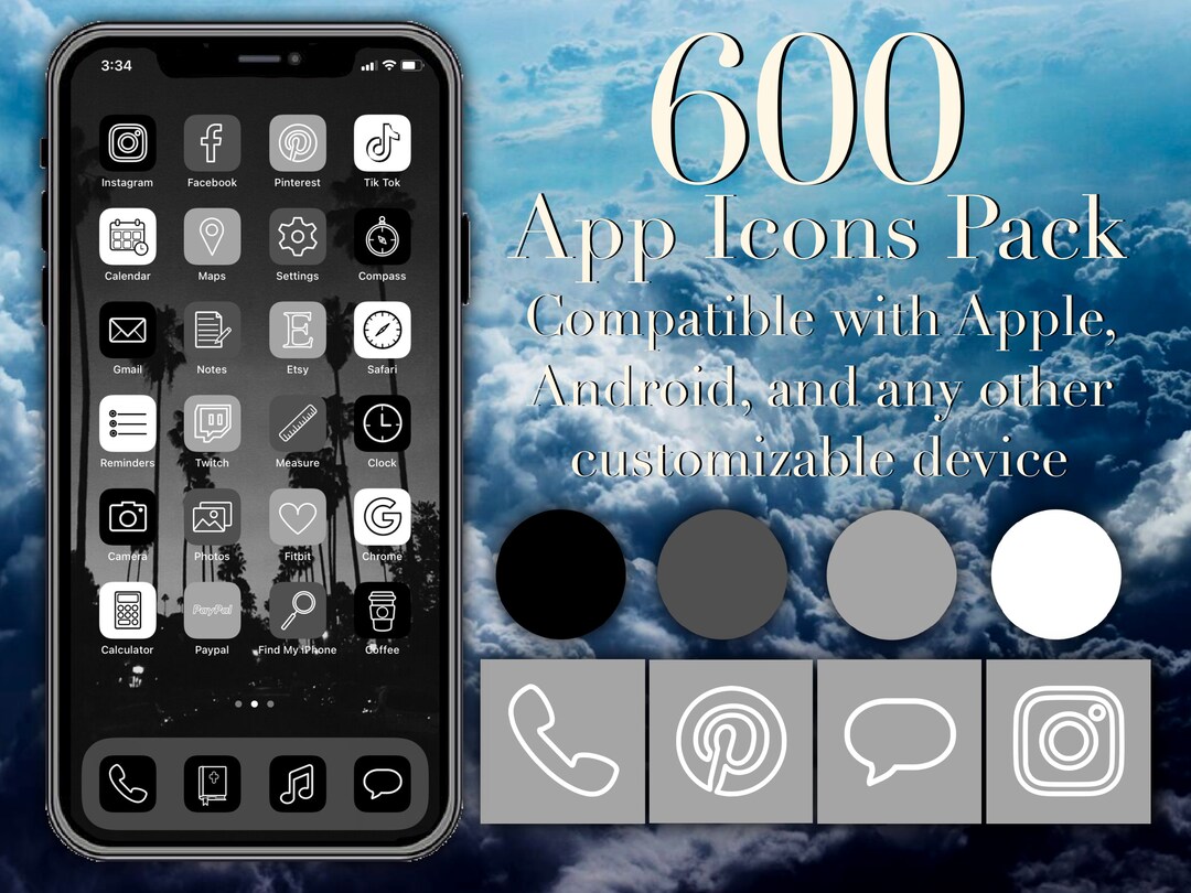 Monochrome App Icons Black White Gray Works With Any Device - Etsy