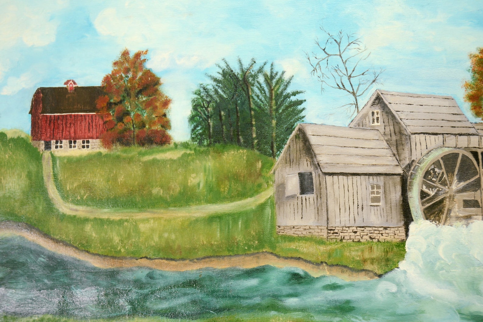 Water Mill Painting: Red Barn Landscape, Farmhouse Wall Art (35x21) - Etsy
