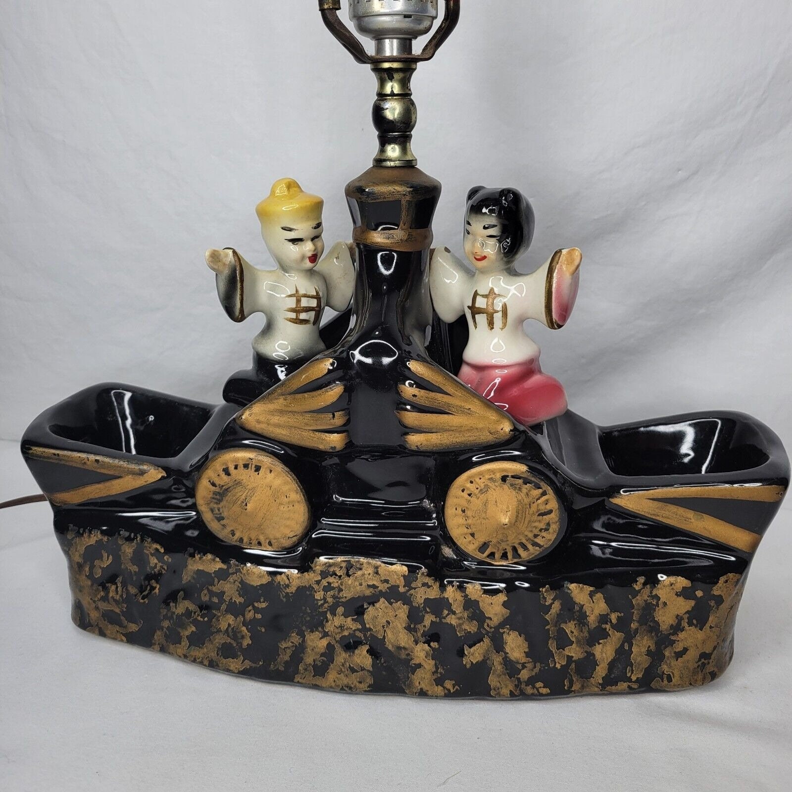 Vintage Asian Ceramic TV Lamp Black Gold Boy Girl Waving Boat No Shade ...