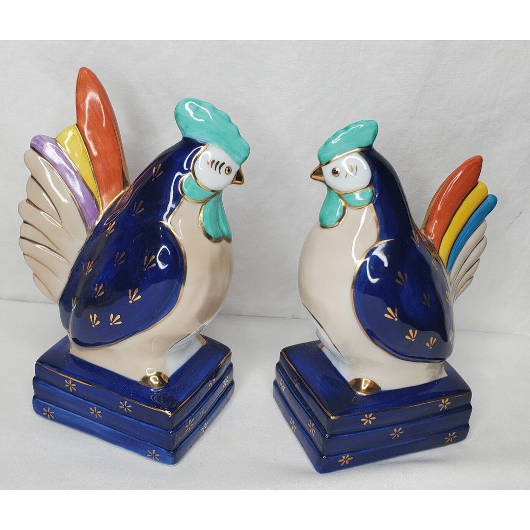 Vintage Takahashi Rooster Chicken Bookends Set Blue Turquoise Orange ...