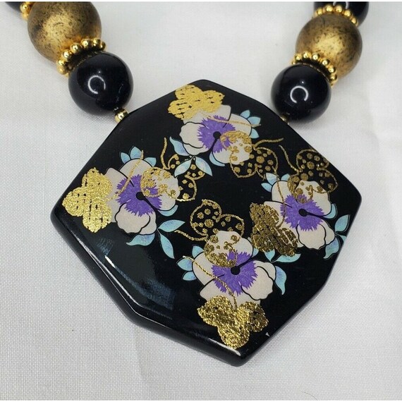 Vintage Handpainted Black Gold Lacquer Necklace Earri… - Gem