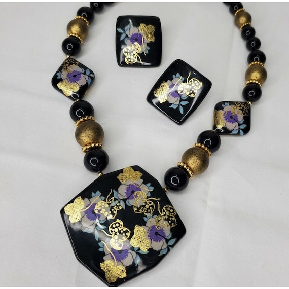 Vintage Handpainted Black Gold Lacquer Necklace Earri… - Gem