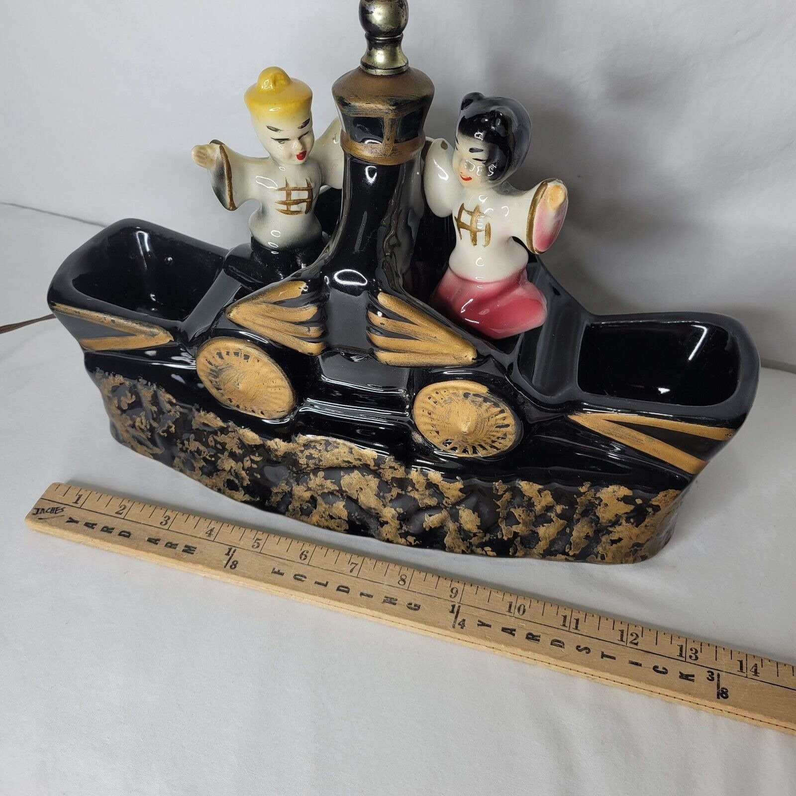 Vintage Asian Ceramic TV Lamp Black Gold Boy Girl Waving Boat No Shade ...