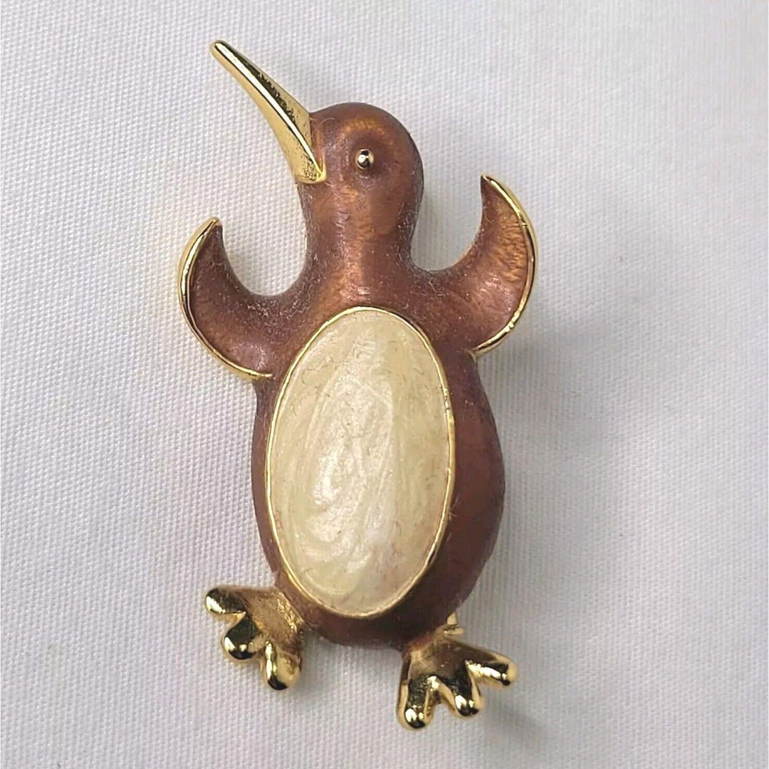 Vintage Orena Paris Penguin Brooch Gold Tone Enamel Pin Trombone Clasp ...