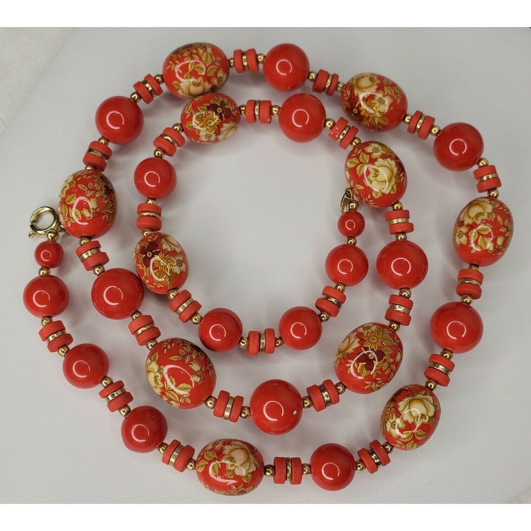 Vintage Red Bead Necklace Gold Accent Beads Flowers 29 Acrylic Japan - Etsy