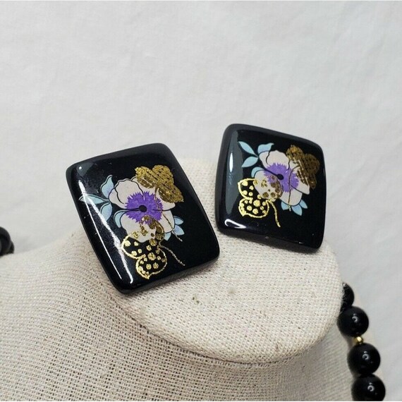 Vintage Handpainted Black Gold Lacquer Necklace Earri… - Gem