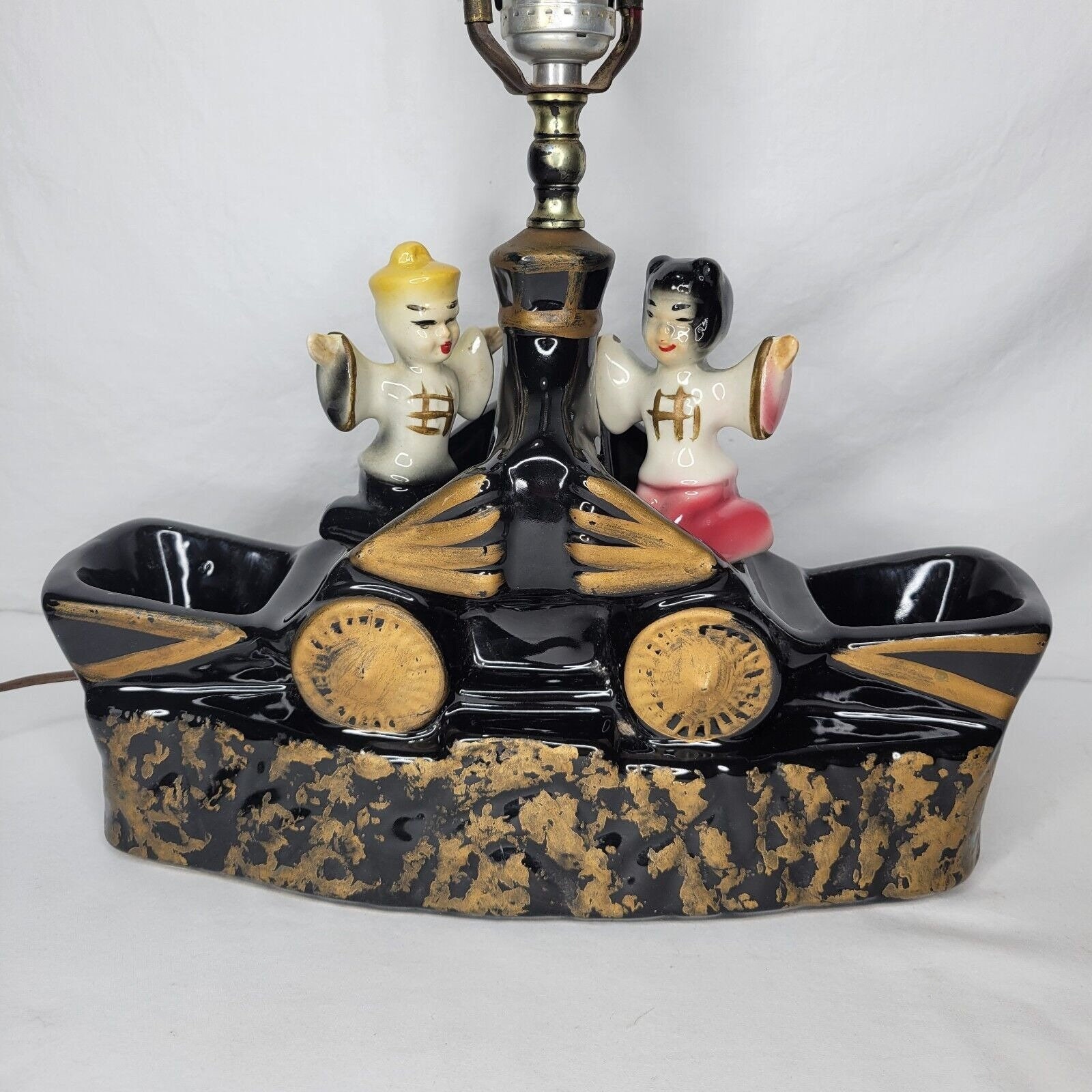 Vintage Asian Ceramic TV Lamp Black Gold Boy Girl Waving Boat No Shade ...
