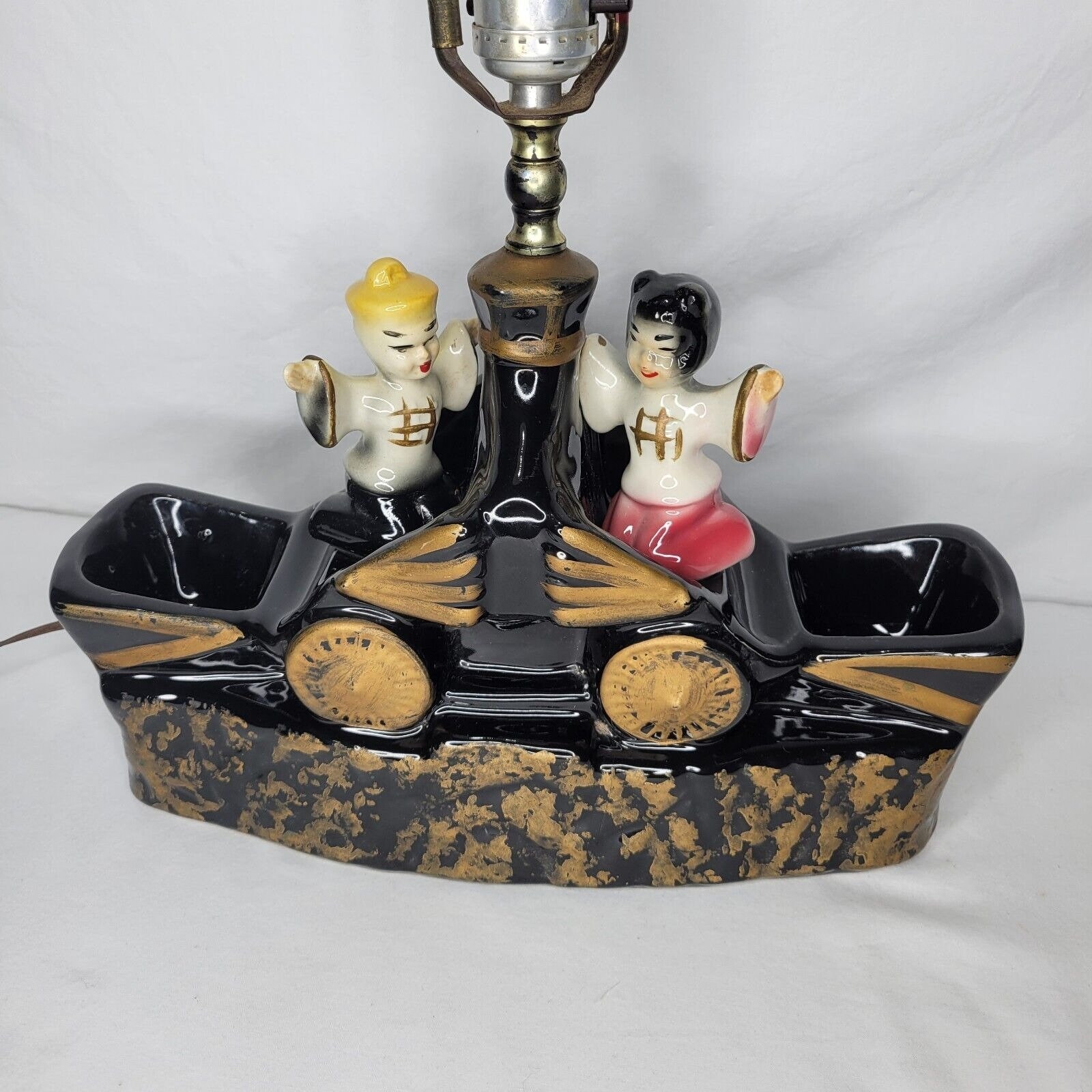 Vintage Asian Ceramic TV Lamp Black Gold Boy Girl Waving Boat No Shade ...