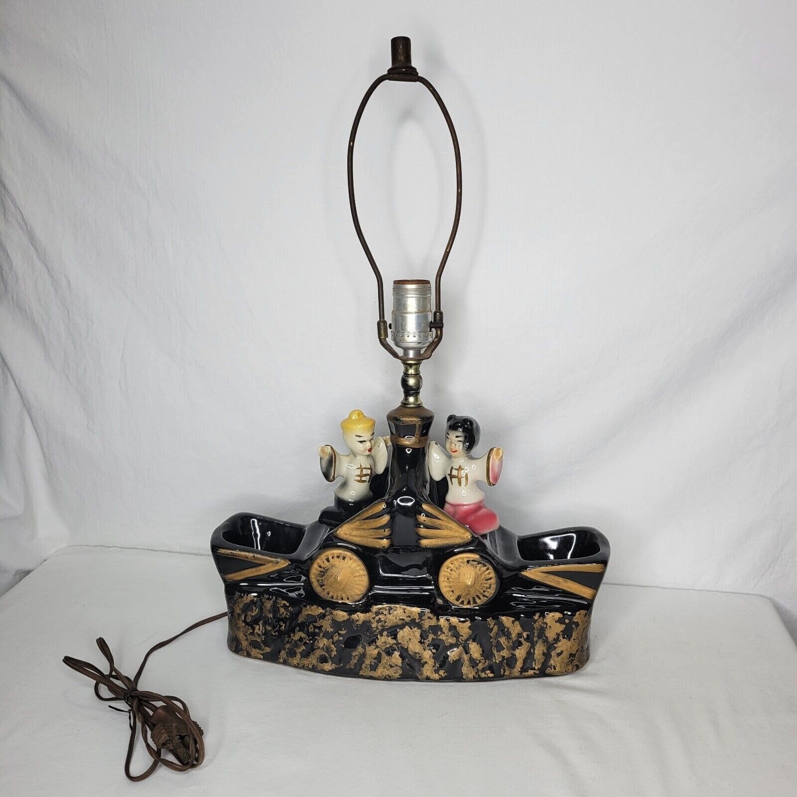 Vintage Asian Ceramic TV Lamp Black Gold Boy Girl Waving Boat No Shade ...