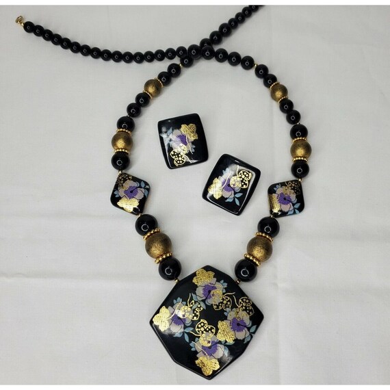 Vintage Handpainted Black Gold Lacquer Necklace Earri… - Gem