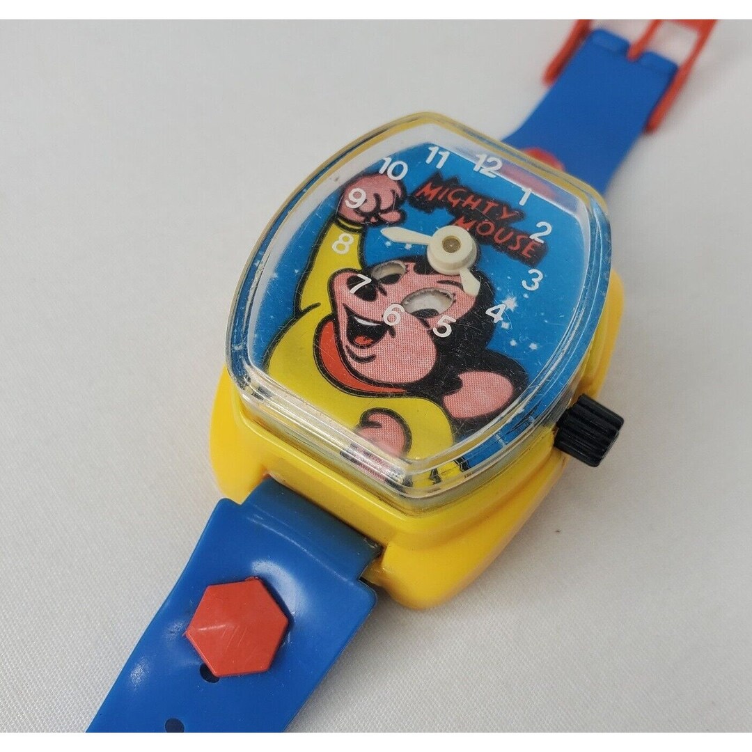 Vintage 80s Mighty Mouse Wrist Watch Animated Eyes Blue Red Carlin ...