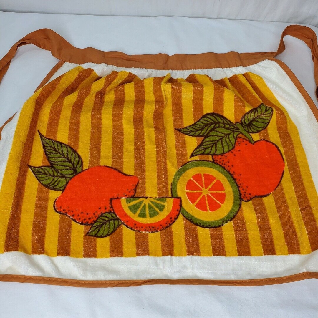 Vintage 60s 70s Terry Cloth Half Apron Fruit Oranges Harvest Gold Brown ...