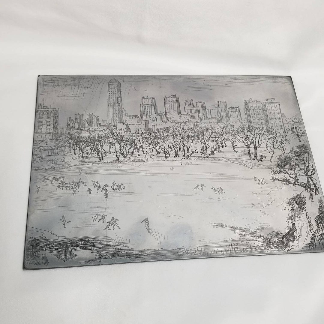 1960's Copper and Nickel Art Etching Mpls. Skyline Lake Calhoun Skating ...