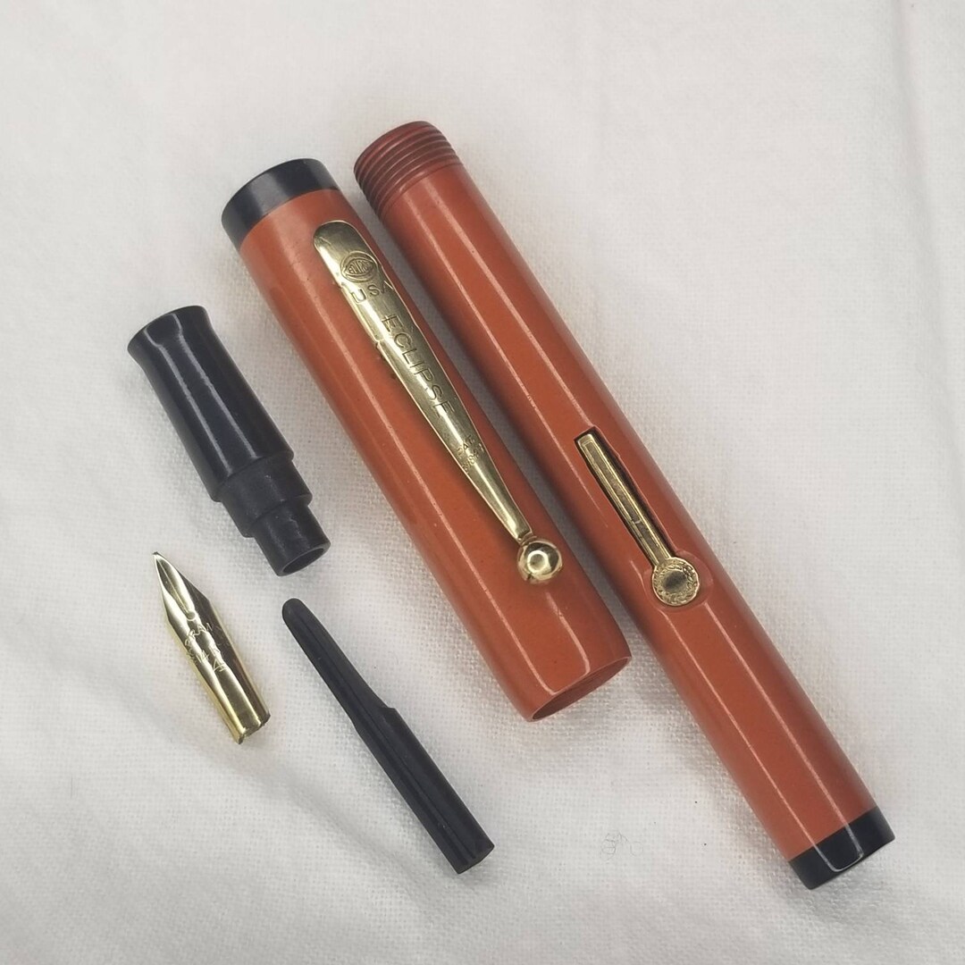 1930's Eclipse Orangish Red Slender Fountain Pen Needs Ink Bladder Mont ...