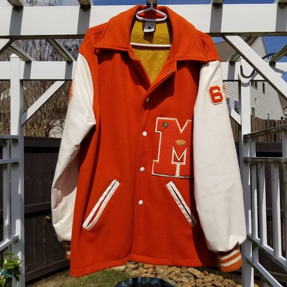 1976 Vintage Orange Varsity Lettermans Football Jacke… - Gem