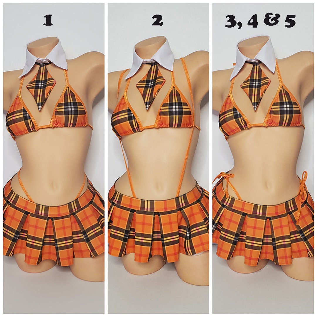 Orange Plaid W/ Orange Trim Micro Mini Skirt Costume Medium Coverage Top Pleated Skirt 5 Piece ...
