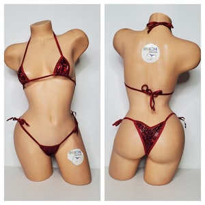 Shattered Holographic Dark Red With Dark Red Trim Micro Coverage Top Scrunch Butt 2 Piece Micro ...