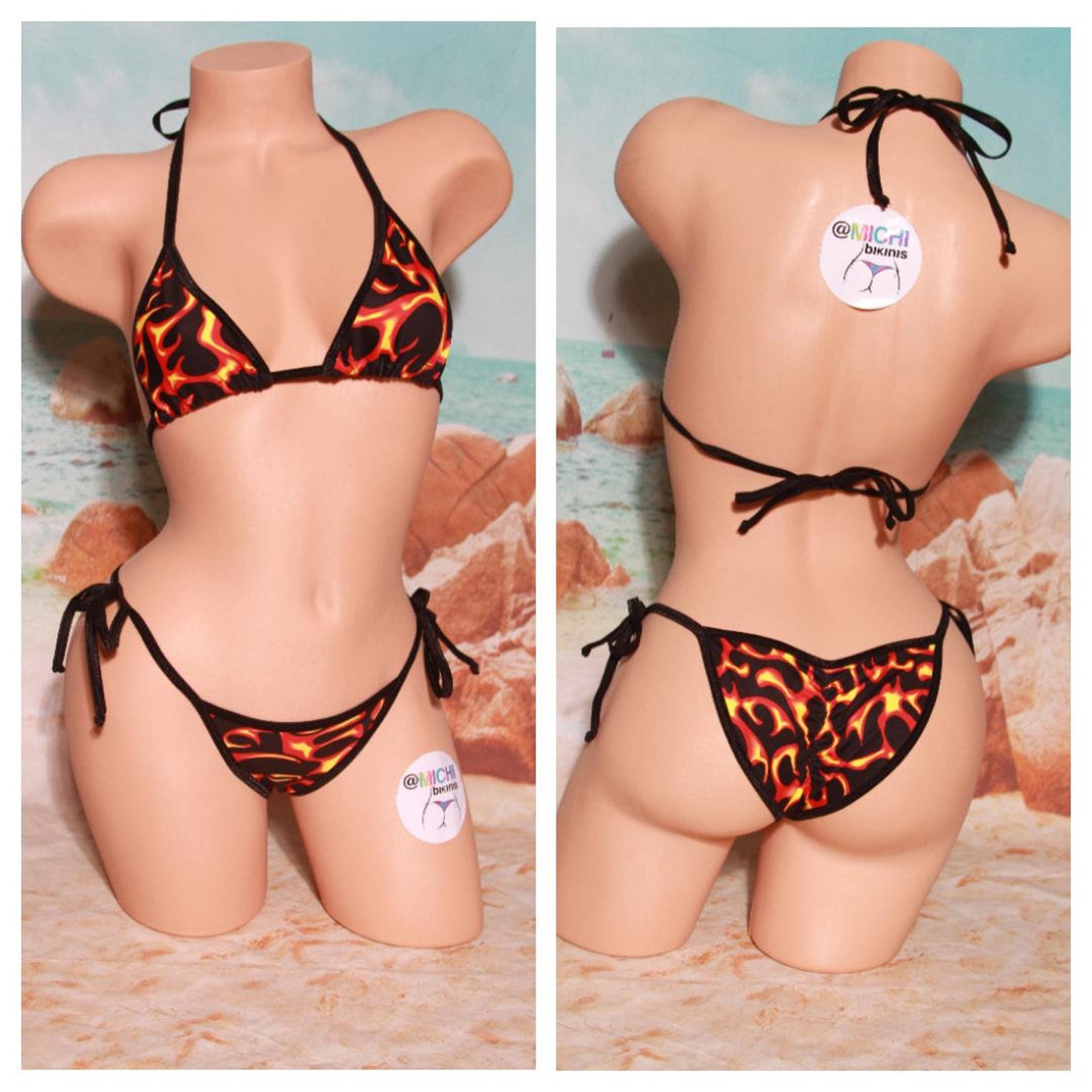 Flames Pattern on Black With Black Trim Medium Coverage Top Scrunch Butt Bottom 2 Piece Micro ...