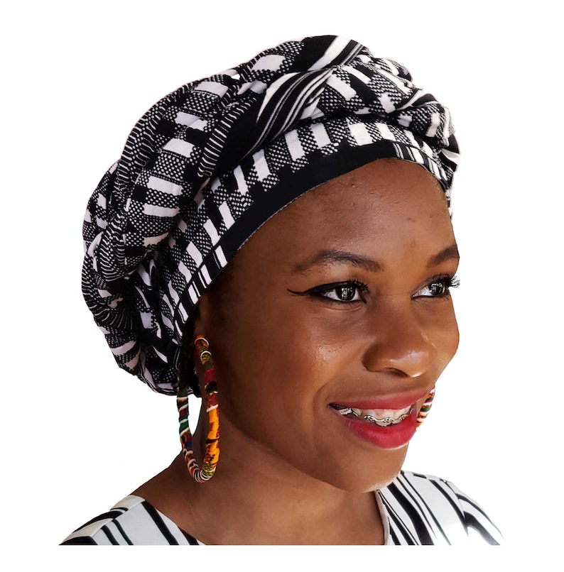 Black And White Kente African Print Modu Hat Pre Tied Head Wrap Etsy