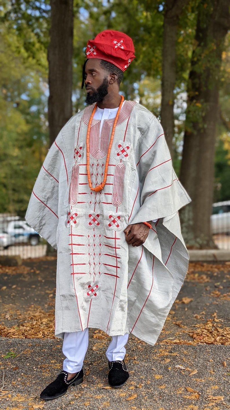 Adejobi Grey and Red Aso Oke Grand Boubou African Agbada Robe - DPAGR20 ...