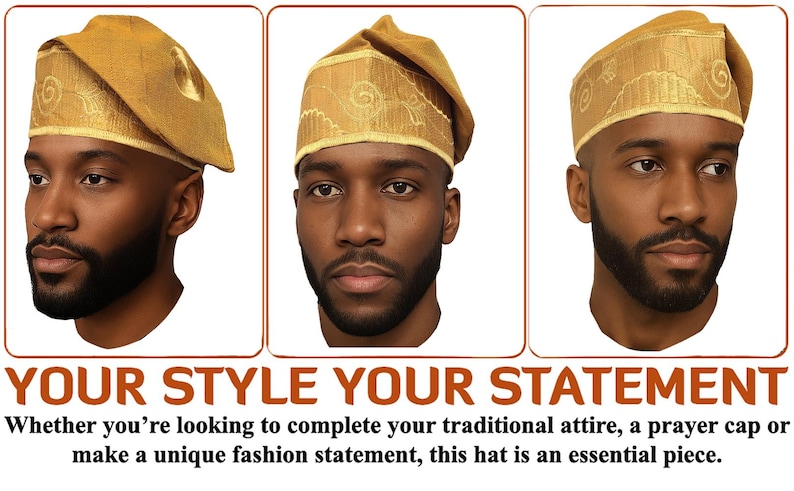 Gold Aso Oke Fila Hat | Authentic Nigerian Yoruba Cap | African ...
