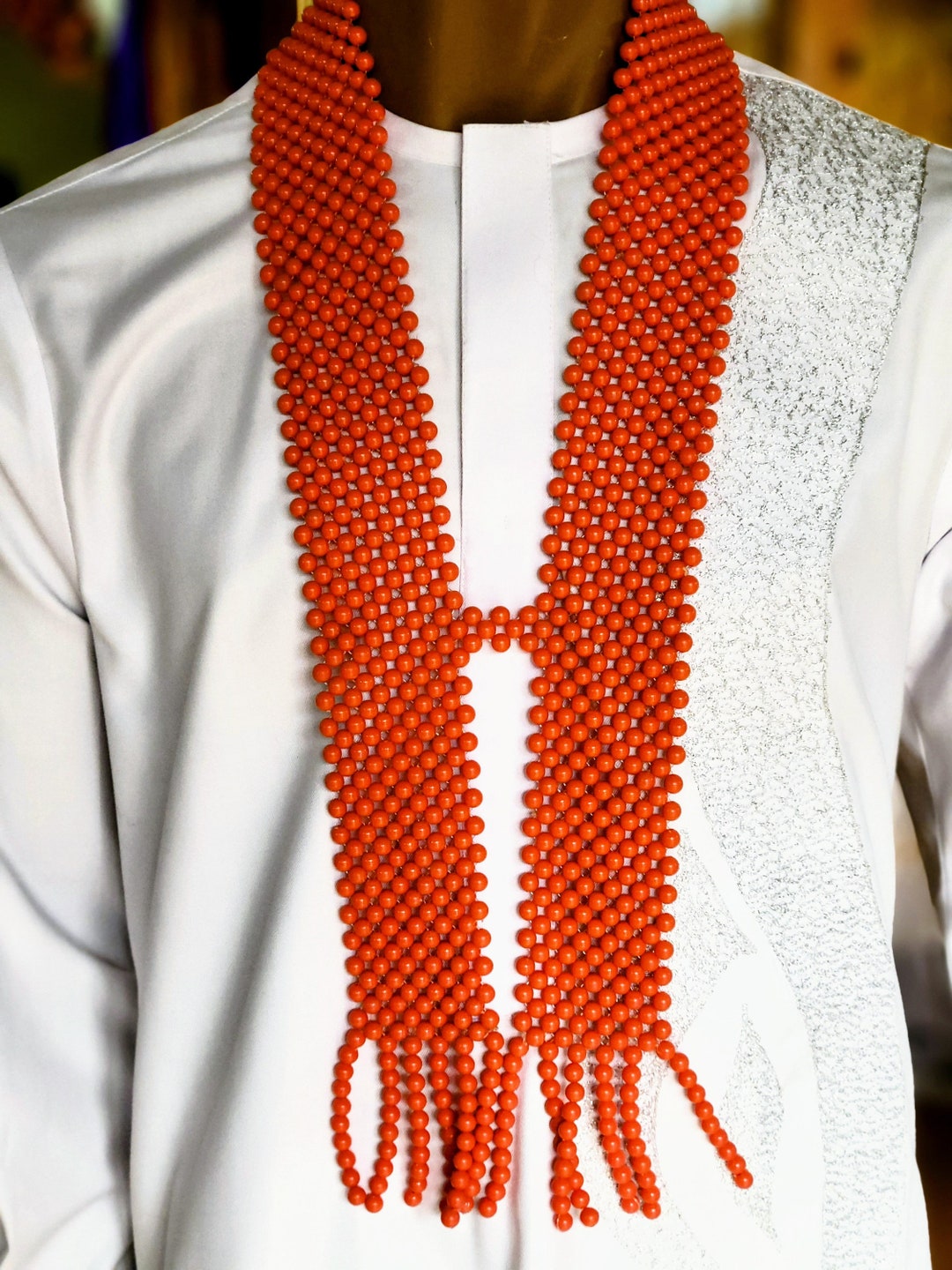 Abe Coral-colored African Beaded Igbo Necklace-dpjcb3w - Etsy