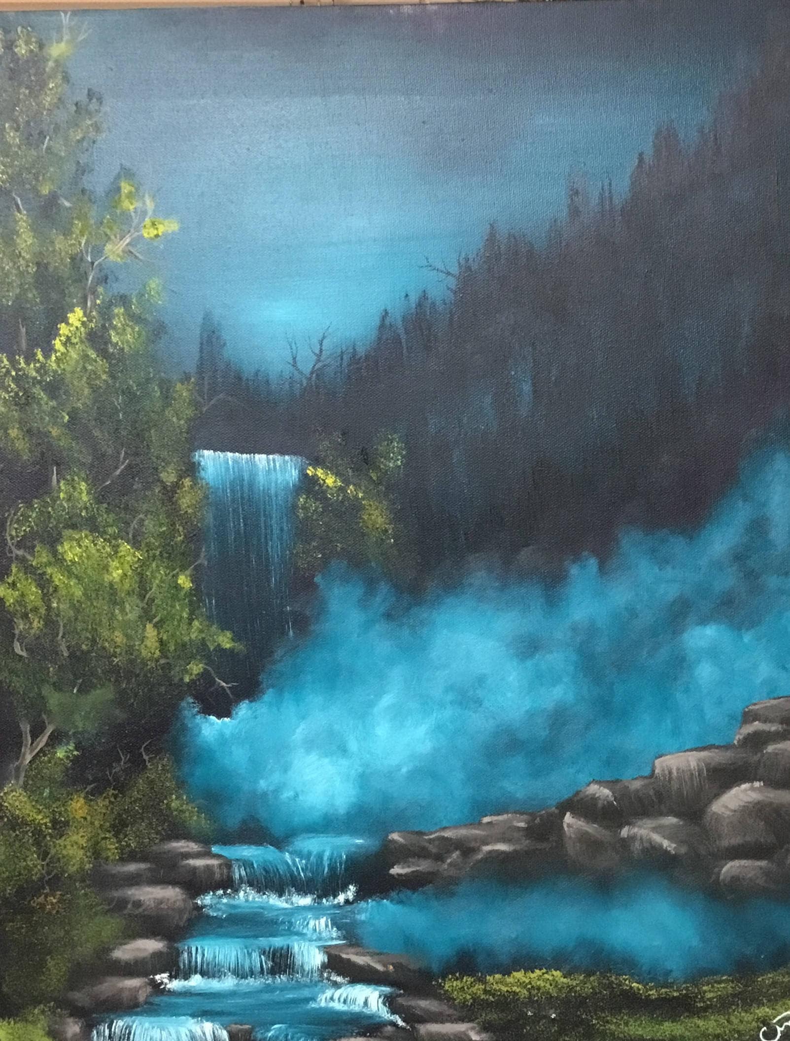Waterfall Forest Pine Trees Original Oil Painting Landscape Nature ...