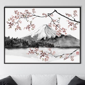 Japanese Mont Fuji Sakura Cherry Blossom Print, Oriental Landscape Ink ...