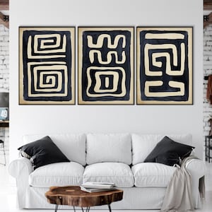 Set of Three African Art Print, Ethnic Tribal Black Beige Wall Art ...