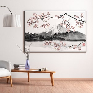 Japanese Mont Fuji Sakura Cherry Blossom Print, Oriental Landscape Ink ...