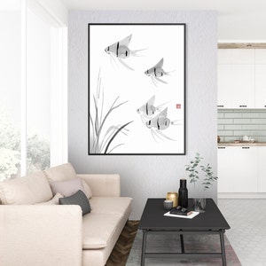 Angel Fish Sumi E Art Watercolor Poster Print, Japanese Gyotaku Style ...