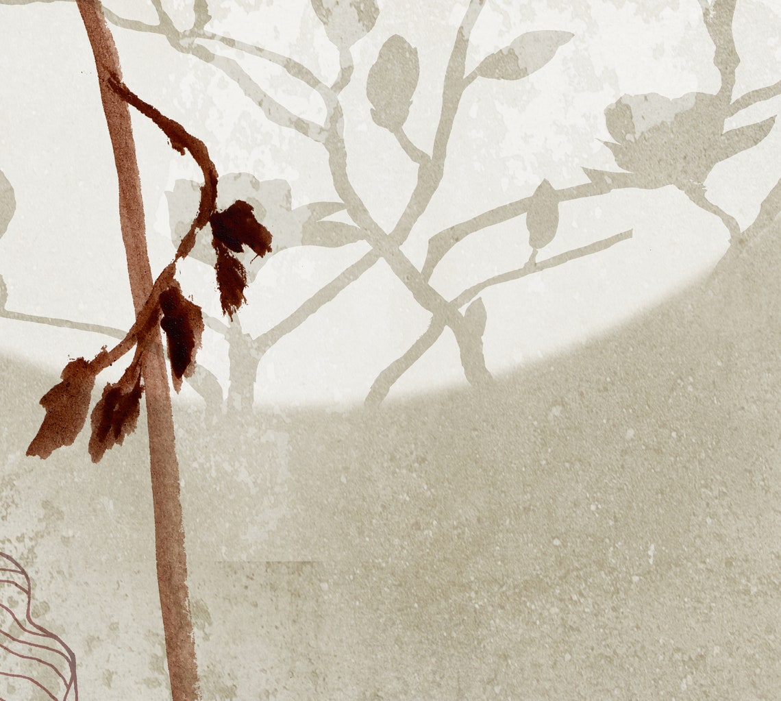 Japanese Oriental Leaves and Moon Landscape Print, Asian Monochrome Ink ...