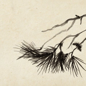 Japanese Sumi E Rising Sun Pine Tree Branches Print, Oriental Landscape ...