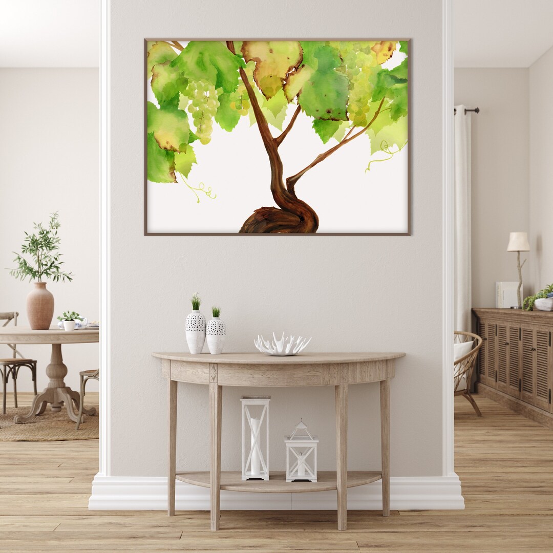 Grape Vines Watercolor Print, Refreshing Greenery Wine Cellar Living ...