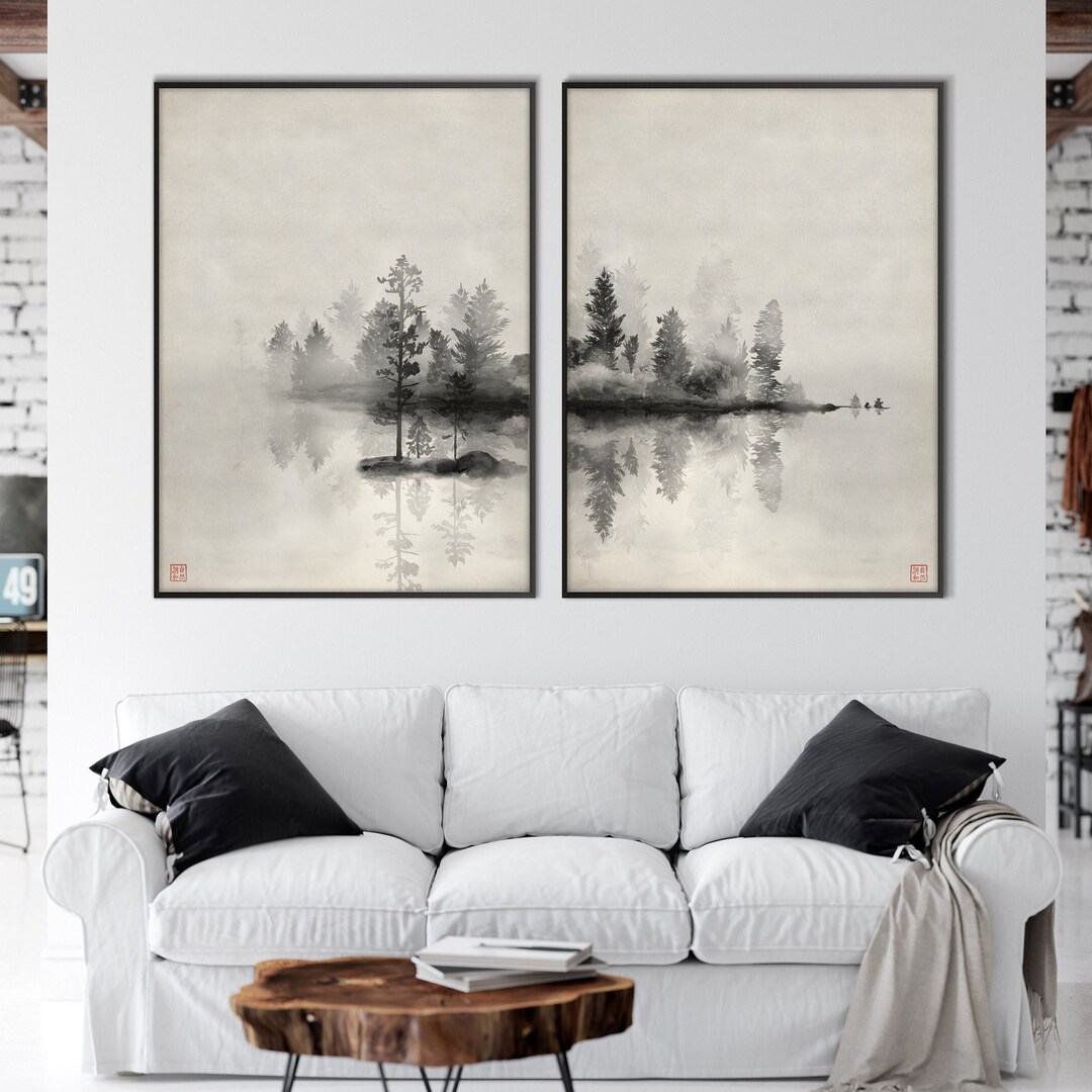 Set of Two Japanese Oriental Trees Mist Landscape Print, Monochrome Ink ...