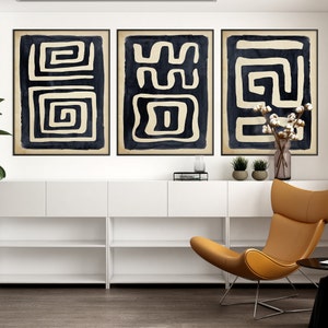 Set of Three African Art Print, Ethnic Tribal Black Beige Wall Art ...