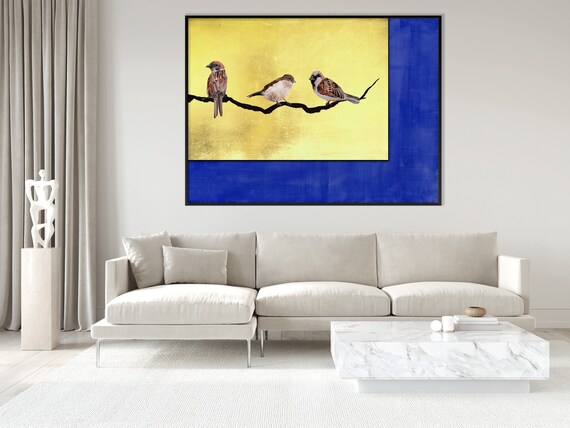 Gold Azure Sparrows Bird Poster Print Modern Blue Watercolor - Etsy