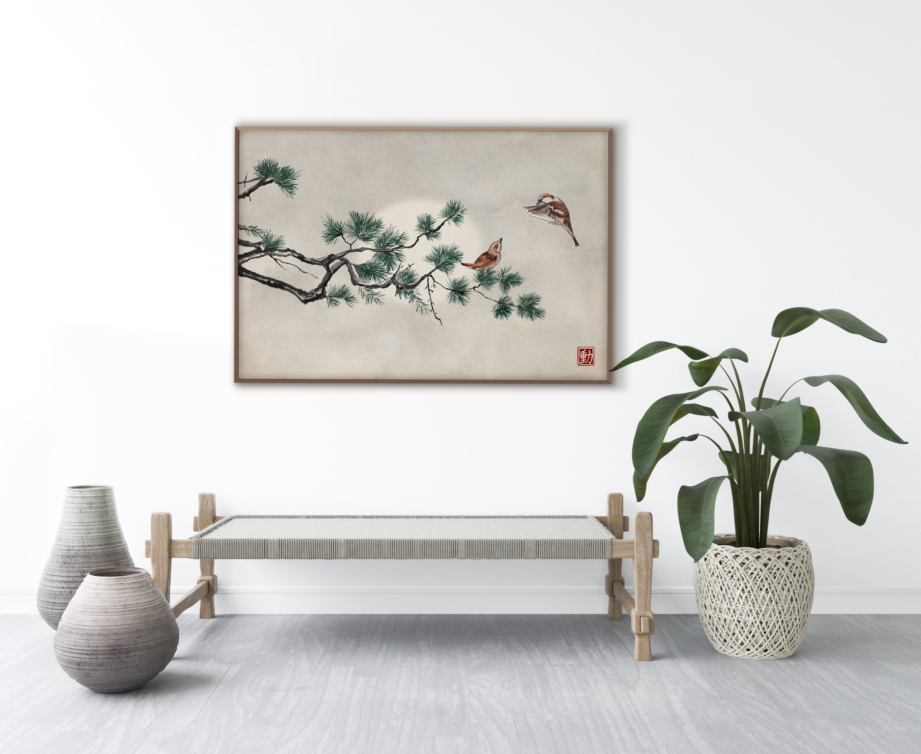 Japanese Pine Tree and Sparrows Print Oriental Asian | Etsy