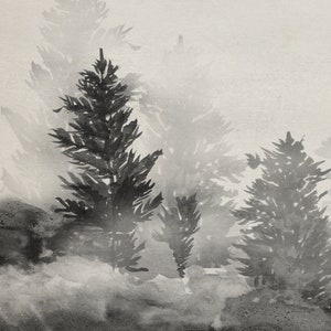 Japanese Oriental Trees Mist Landscape Print, Monochrome Ink Watercolor ...
