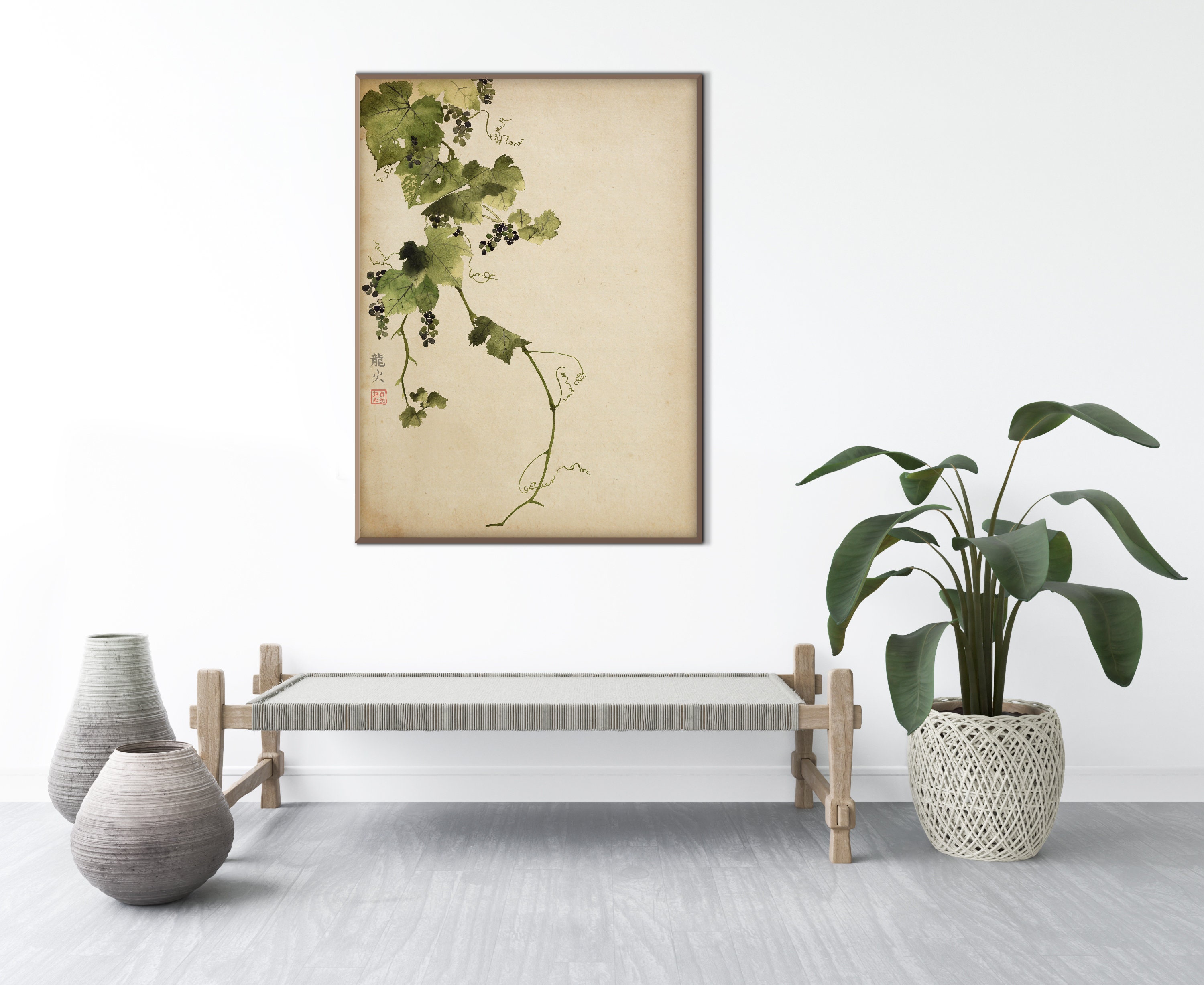 Oriental Grape Vines Wall Print, Japanese Asian Landscape Watercolor ...